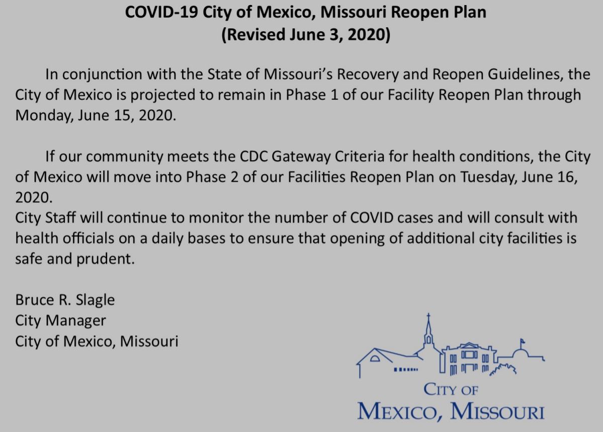 City of Mexico Extends Phase 1 Of Their Reopen Plan – KXEO